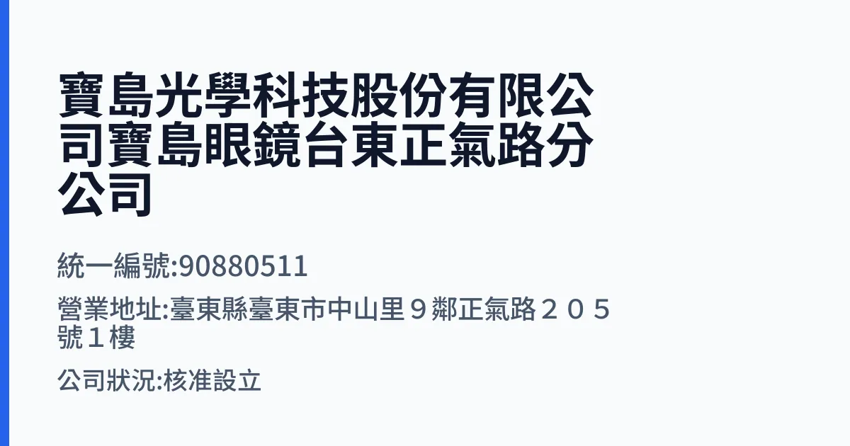 寶島光學科技股份有限公司寶島眼鏡台東正氣路分公司 - 統編 90880511(臺東縣) 公司登記資料與營業項目詳細圖表