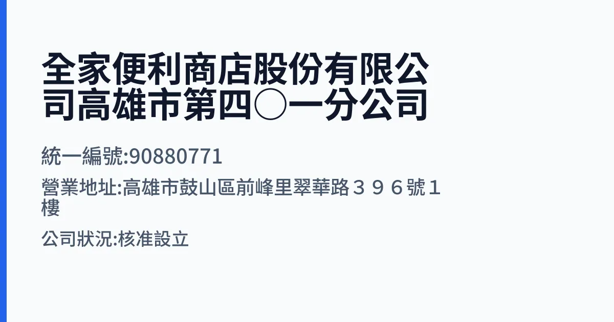 全家便利商店股份有限公司高雄市第四○一分公司 - 統編 90880771(高雄市) 公司登記資料與營業項目詳細圖表