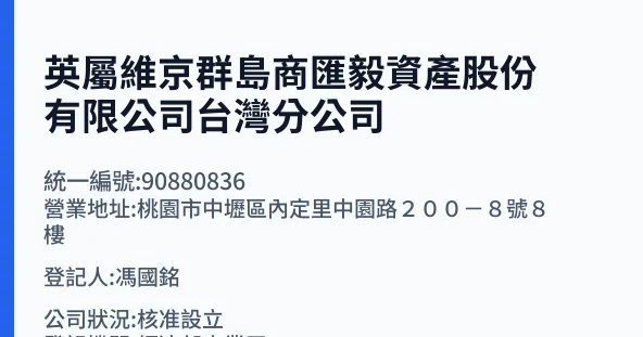 英屬維京群島商匯毅資產股份有限公司台灣分公司的照片-統編 90880836(新竹市) 公司登記資料與營業項目詳細圖表