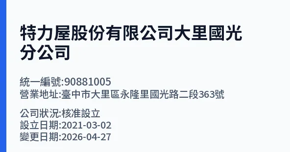 特力屋股份有限公司大里國光分公司的照片-統編 90881005(臺中市) 公司登記資料與營業項目詳細圖表
