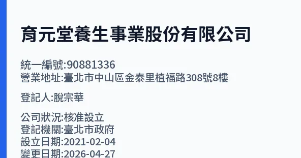 育元堂養生事業股份有限公司的照片-統編 90881336(臺北市) 公司登記資料與營業項目詳細圖表