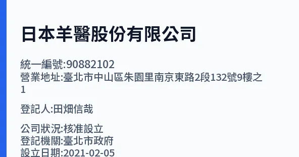 日本羊醫股份有限公司的照片-統編 90882102(臺北市) 公司登記資料與營業項目詳細圖表
