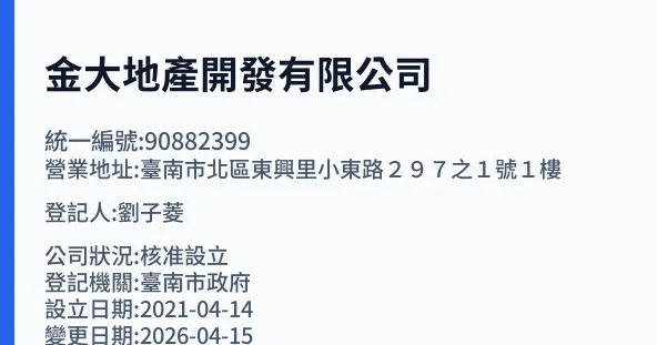 金大地產開發有限公司的照片-統編 90882399(臺南市) 公司登記資料與營業項目詳細圖表