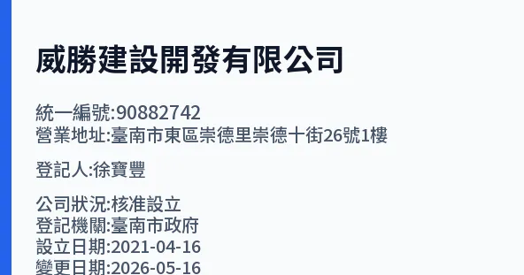 威勝建設開發有限公司的照片-統編 90882742(臺南市) 公司登記資料與營業項目詳細圖表