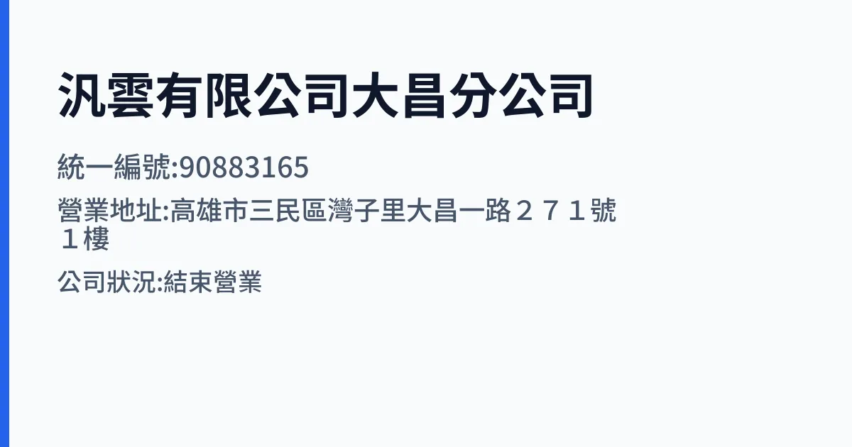 汎雲有限公司大昌分公司 - 統編 90883165(高雄市) 公司登記資料與營業項目詳細圖表