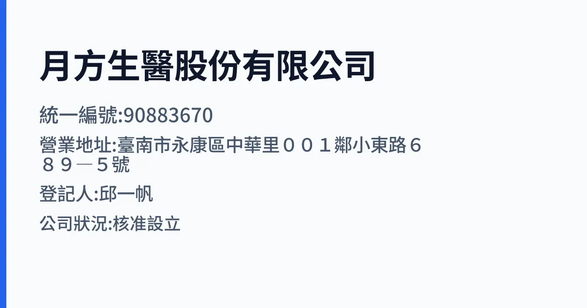 月方生醫股份有限公司 - 統編 90883670(臺南市) 公司登記資料與營業項目詳細圖表
