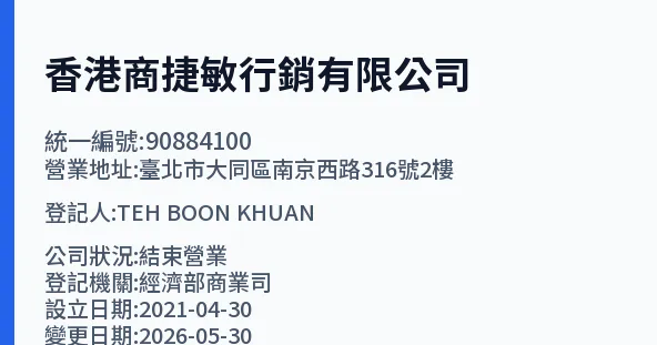香港商捷敏行銷有限公司的照片-統編 90884100(臺北市) 公司登記資料與營業項目詳細圖表