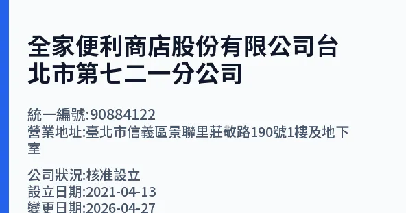 全家便利商店股份有限公司台北市第七二一分公司的照片-統編 90884122(臺北市) 公司登記資料與營業項目詳細圖表