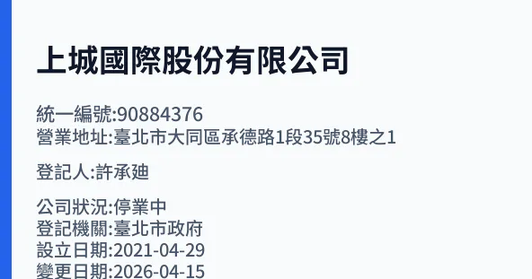 上城國際股份有限公司的照片-統編 90884376(臺北市) 公司登記資料與營業項目詳細圖表