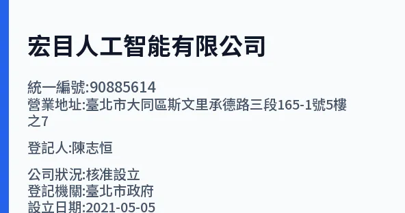 宏目人工智能有限公司的照片-統編 90885614(臺北市) 公司登記資料與營業項目詳細圖表