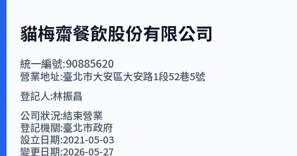 貓梅齋餐飲股份有限公司的照片-統編 90885620(臺北市) 公司登記資料與營業項目詳細圖表