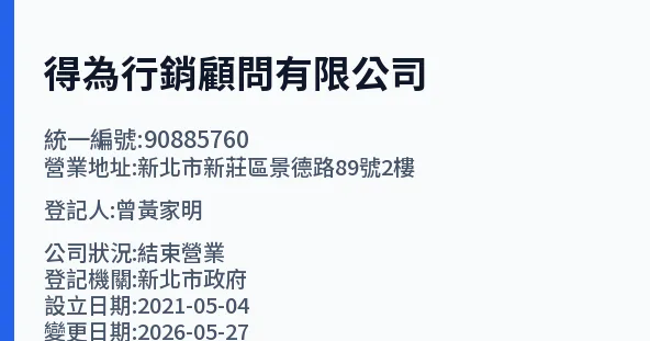 得為行銷顧問有限公司的照片-統編 90885760(新北市) 公司登記資料與營業項目詳細圖表