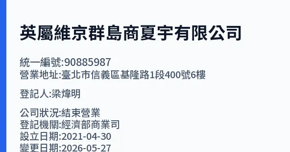 英屬維京群島商夏宇有限公司的照片-統編 90885987(臺北市) 公司登記資料與營業項目詳細圖表