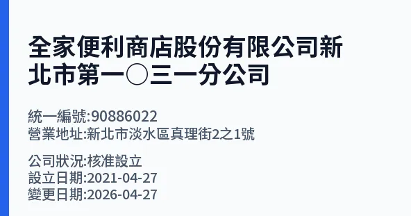 全家便利商店股份有限公司新北市第一○三一分公司的照片-統編 90886022(新北市) 公司登記資料與營業項目詳細圖表