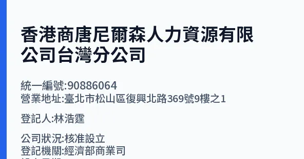 香港商唐尼爾森人力資源有限公司台灣分公司的照片-統編 90886064(臺北市) 公司登記資料與營業項目詳細圖表
