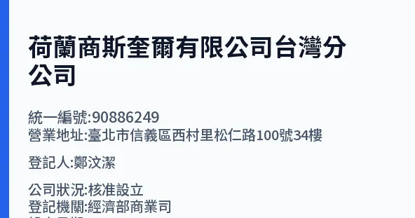 荷蘭商斯奎爾有限公司台灣分公司的照片-統編 90886249(臺北市) 公司登記資料與營業項目詳細圖表