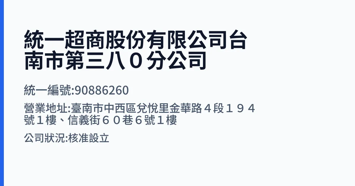 統一超商股份有限公司台南市第三八０分公司 - 統編 90886260(臺南市) 公司登記資料與營業項目詳細圖表