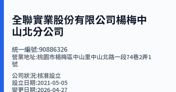 全聯實業股份有限公司楊梅中山北分公司的照片-統編 90886326(桃園市) 公司登記資料與營業項目詳細圖表