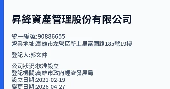 昇鋒資產管理股份有限公司的照片-統編 90886655(高雄市) 公司登記資料與營業項目詳細圖表