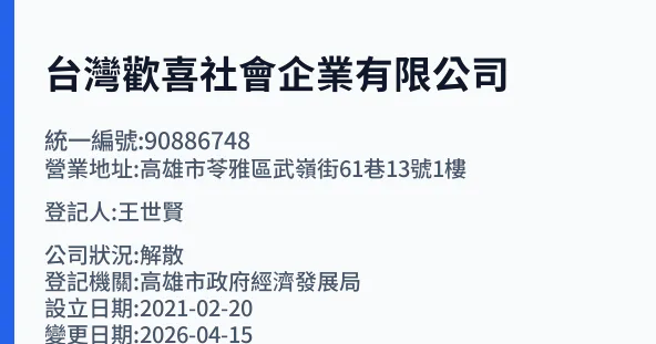 台灣歡喜社會企業有限公司的照片-統編 90886748(高雄市) 公司登記資料與營業項目詳細圖表