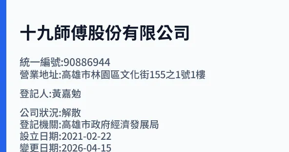 十九師傅股份有限公司的照片-統編 90886944(高雄市) 公司登記資料與營業項目詳細圖表