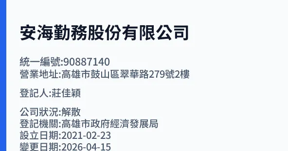 安海勤務股份有限公司的照片-統編 90887140(高雄市) 公司登記資料與營業項目詳細圖表