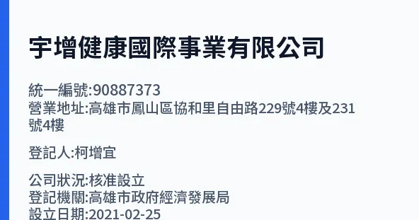 宇增健康國際事業有限公司的照片-統編 90887373(高雄市) 公司登記資料與營業項目詳細圖表