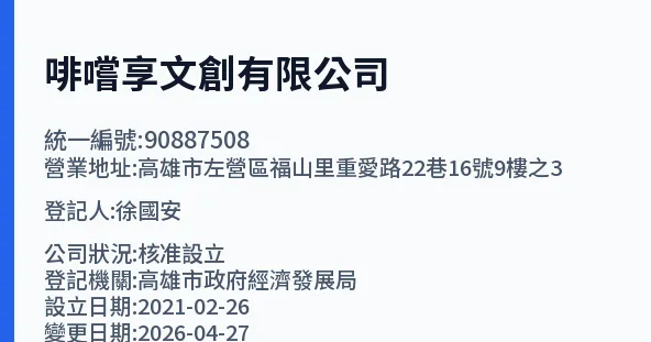 啡嚐享文創有限公司的照片-統編 90887508(高雄市) 公司登記資料與營業項目詳細圖表