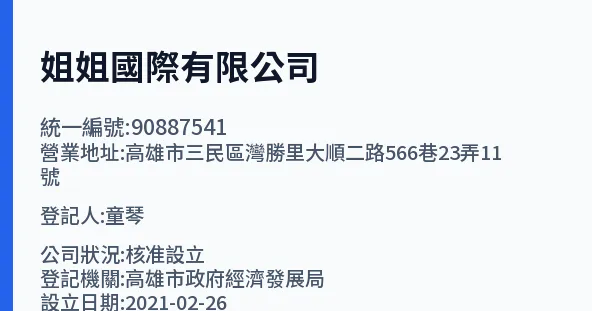 姐姐國際有限公司的照片-統編 90887541(高雄市) 公司登記資料與營業項目詳細圖表