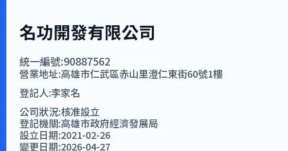 名功開發有限公司的照片-統編 90887562(高雄市) 公司登記資料與營業項目詳細圖表