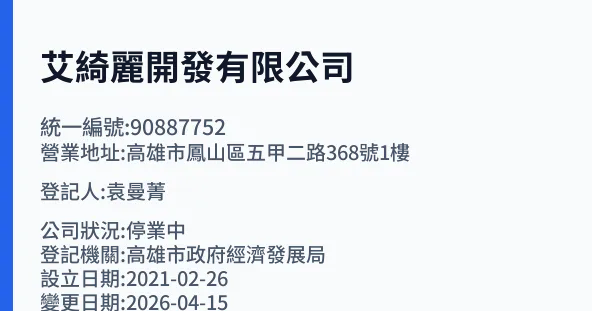 艾綺麗開發有限公司的照片-統編 90887752(高雄市) 公司登記資料與營業項目詳細圖表
