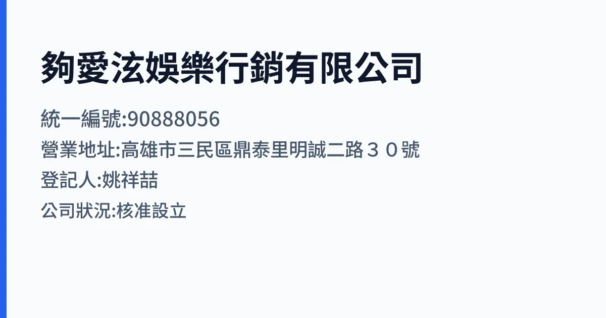 夠愛泫娛樂行銷有限公司 - 統編 90888056(高雄市) 公司登記資料與營業項目詳細圖表