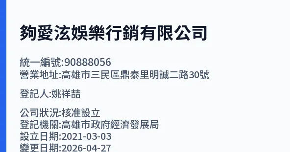 夠愛泫娛樂行銷有限公司的照片-統編 90888056(高雄市) 公司登記資料與營業項目詳細圖表