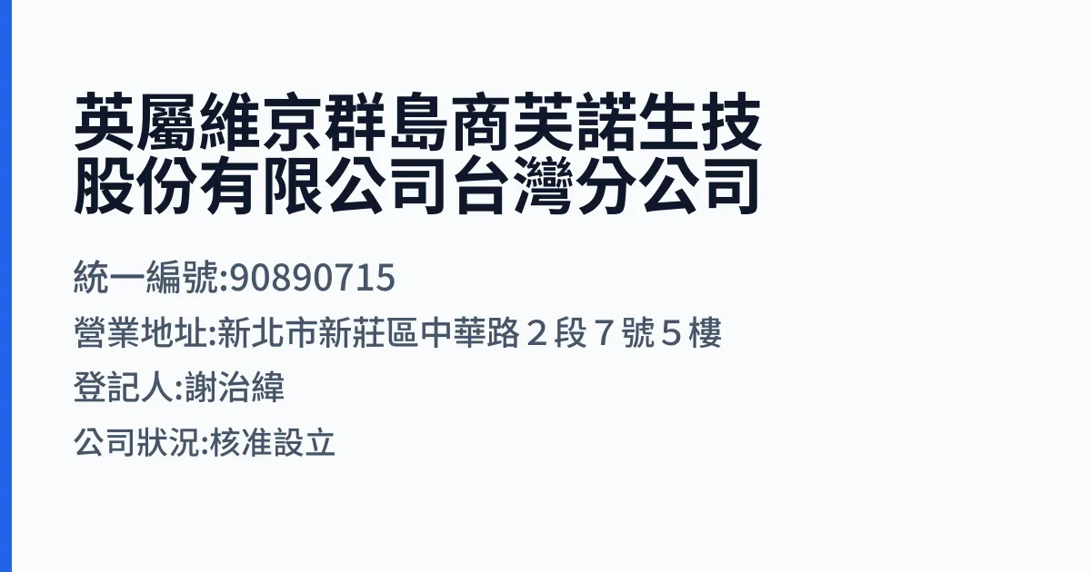 英屬維京群島商芙諾生技股份有限公司台灣分公司 - 統編 90890715(臺北市) 公司登記資料與營業項目詳細圖表