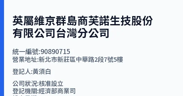 英屬維京群島商芙諾生技股份有限公司台灣分公司的照片-統編 90890715(新北市) 公司登記資料與營業項目詳細圖表