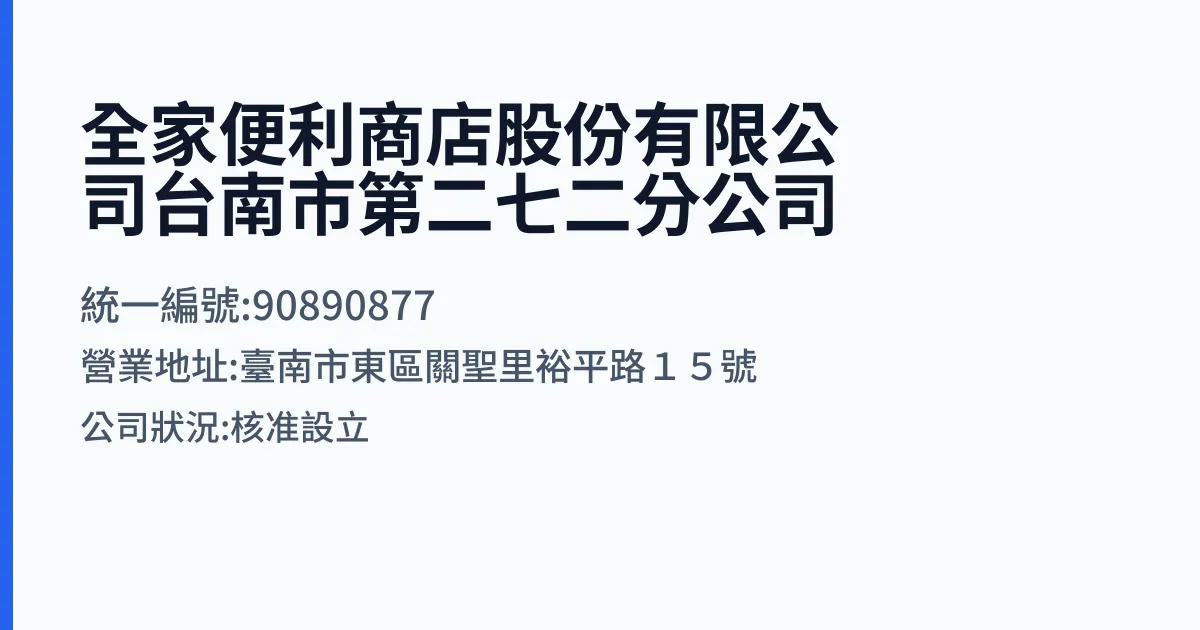 全家便利商店股份有限公司台南市第二七二分公司 - 統編 90890877（臺南市） 公司登記資料與營業項目詳細圖表