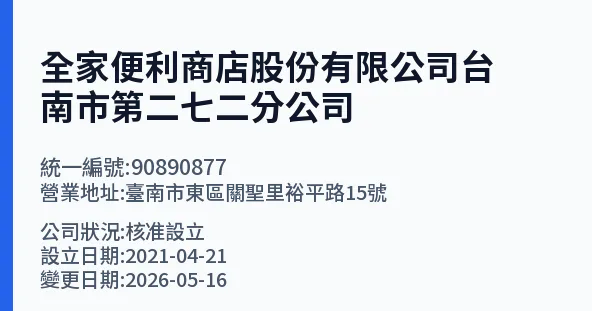 全家便利商店股份有限公司台南市第二七二分公司的照片-統編 90890877(臺南市) 公司登記資料與營業項目詳細圖表