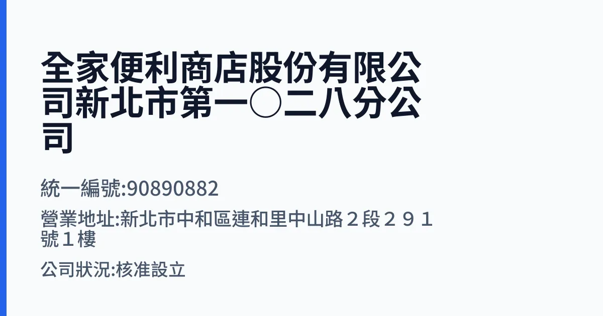 全家便利商店股份有限公司新北市第一○二八分公司 - 統編 90890882(新北市) 公司登記資料與營業項目詳細圖表