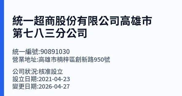 統一超商股份有限公司高雄市第七八三分公司的照片-統編 90891030(高雄市) 公司登記資料與營業項目詳細圖表