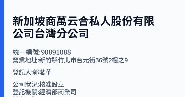 新加坡商萬云合私人股份有限公司台灣分公司的照片-統編 90891088(新竹縣) 公司登記資料與營業項目詳細圖表
