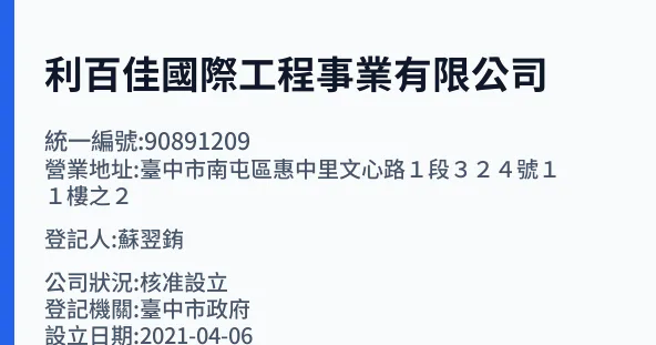 利百佳國際工程事業有限公司的照片-統編 90891209(臺中市) 公司登記資料與營業項目詳細圖表