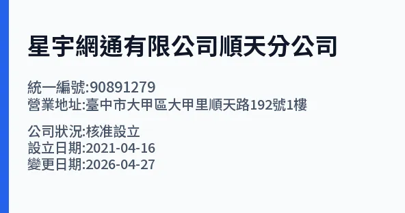 星宇網通有限公司順天分公司的照片-統編 90891279(臺中市) 公司登記資料與營業項目詳細圖表