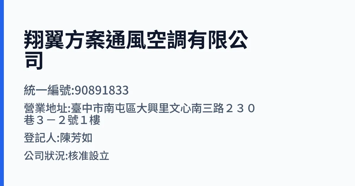 翔翼方案通風空調有限公司 - 統編 90891833(臺中市) 公司登記資料與營業項目詳細圖表
