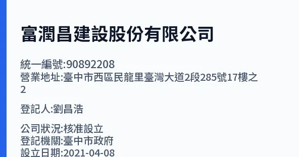 富潤昌建設股份有限公司的照片-統編 90892208(臺中市) 公司登記資料與營業項目詳細圖表