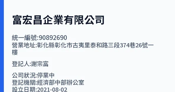 富宏昌企業有限公司的照片-統編 90892690(彰化縣) 公司登記資料與營業項目詳細圖表