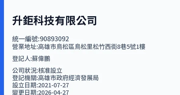 升鉅科技有限公司的照片-統編 90893092(高雄市) 公司登記資料與營業項目詳細圖表