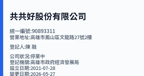 共共好股份有限公司的照片-統編 90893311(高雄市) 公司登記資料與營業項目詳細圖表
