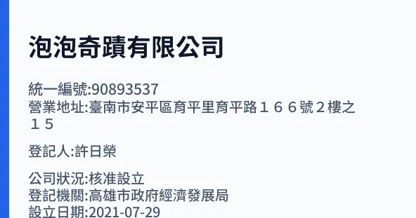 泡泡奇蹟有限公司的照片-統編 90893537(高雄市) 公司登記資料與營業項目詳細圖表