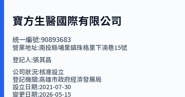 寶方生醫國際有限公司的照片-統編 90893683(南投縣) 公司登記資料與營業項目詳細圖表
