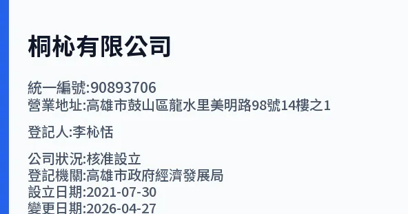 桐杺有限公司的照片-統編 90893706(高雄市) 公司登記資料與營業項目詳細圖表